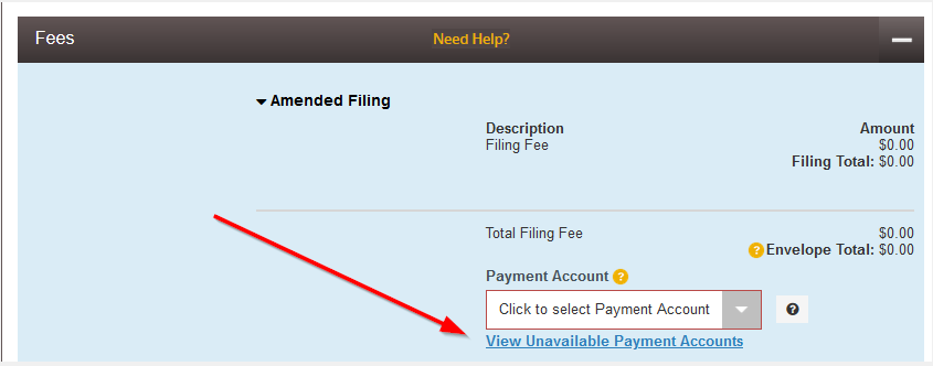I am at the Fees Section and Cannot Pick a Payment Account – eFile